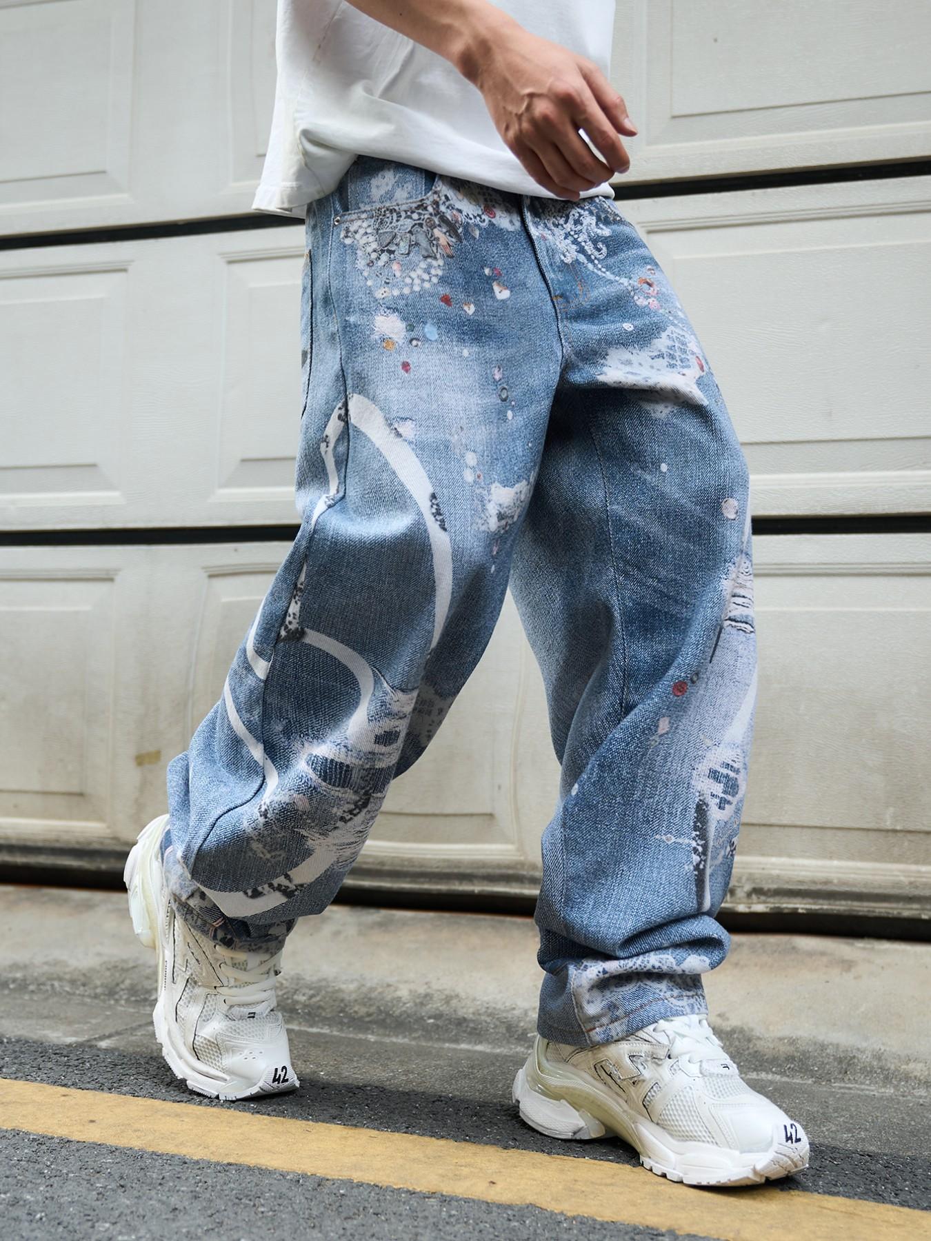 Men's 3D Printed Ethnic Jeans Y2K Graffiti Denim Jeans Classic Loose ...