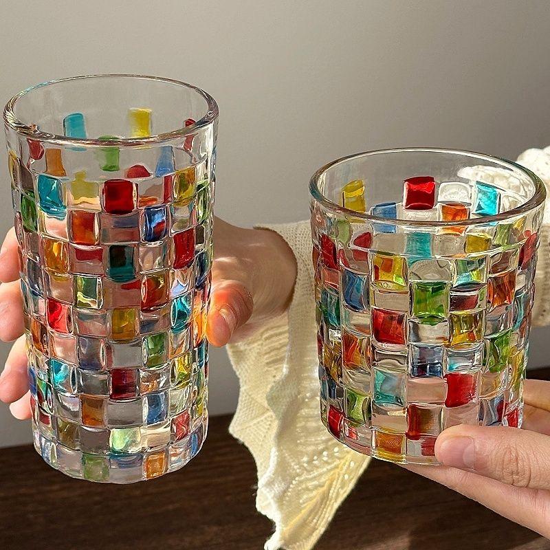 Hand-Painted Glass Cups, Rainbow Color Drinkware, 350ML Whiskey Glasses ...