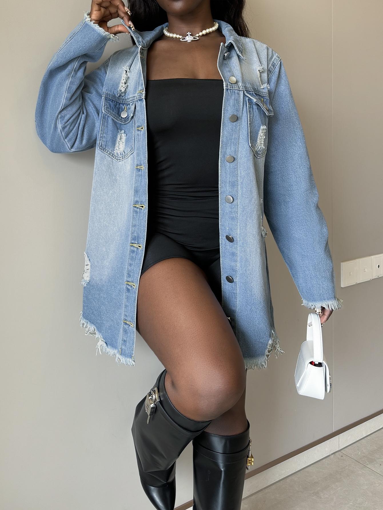 Chic Women's Light Blue Distressed Denim Jacket: Effortlessly Trendy ...
