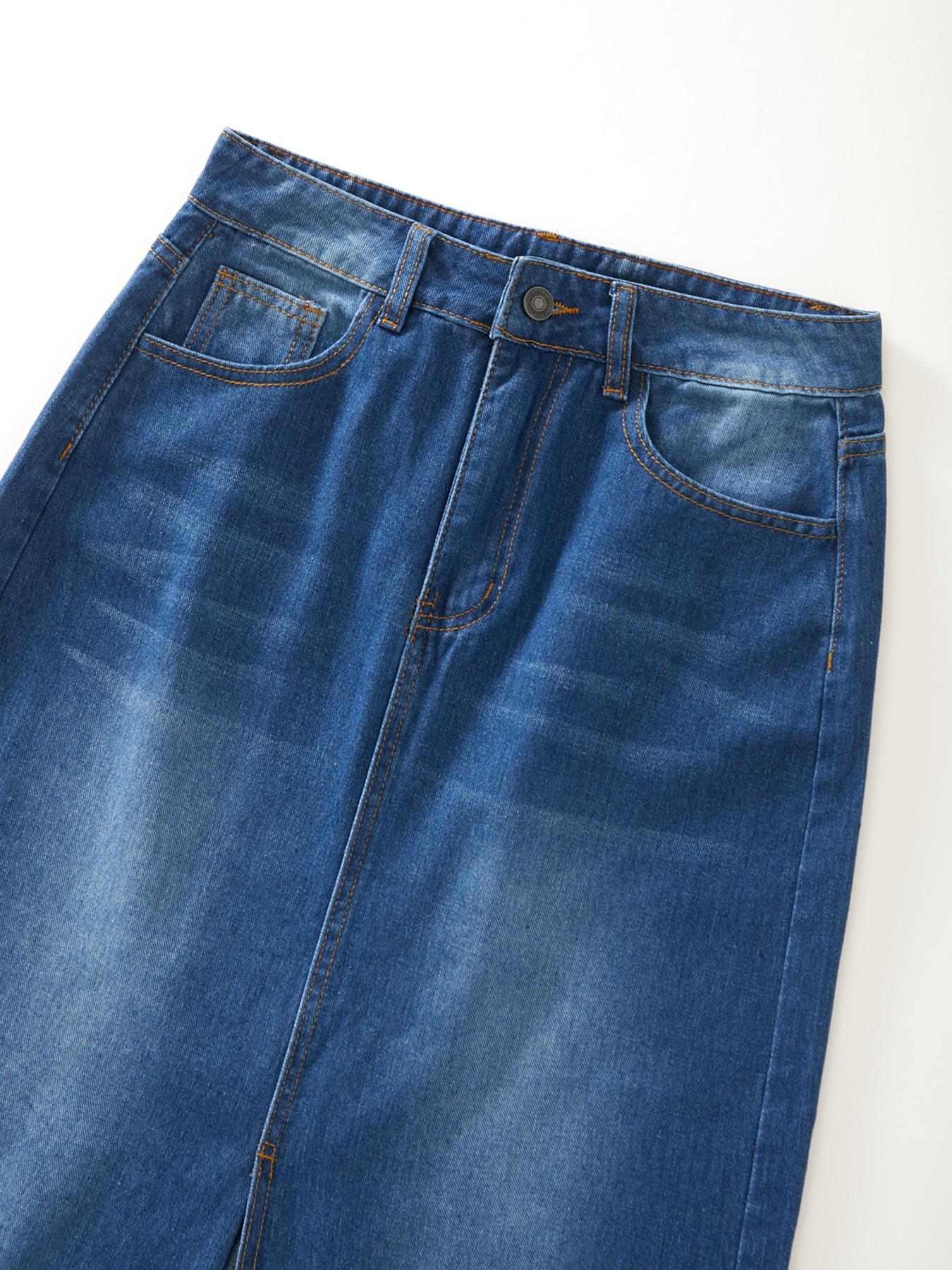 Women's Straight Leg Split Denim Skirt, Front Back Pockets, High Slit ...