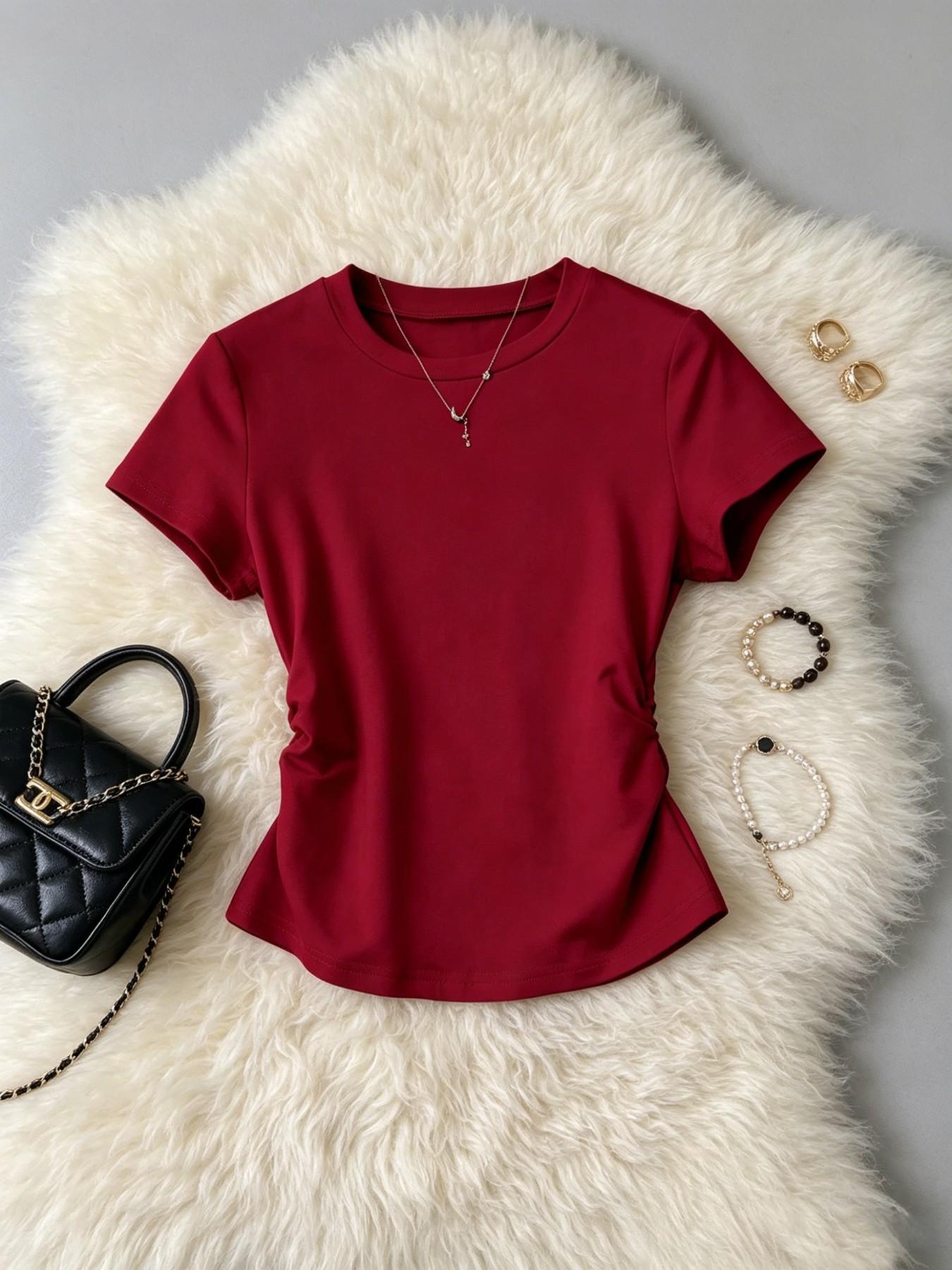 Women's Side Ruched Round Neck Short Sleeve T-Shirt, Summer Slim Fit ...
