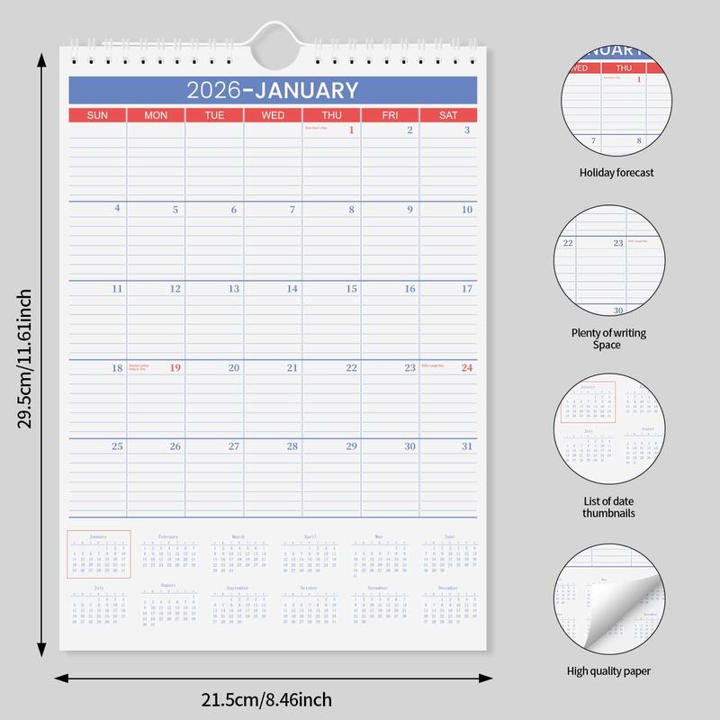 2026 A4 Wall Calendar January to December, Monthly Layout, Holiday ...