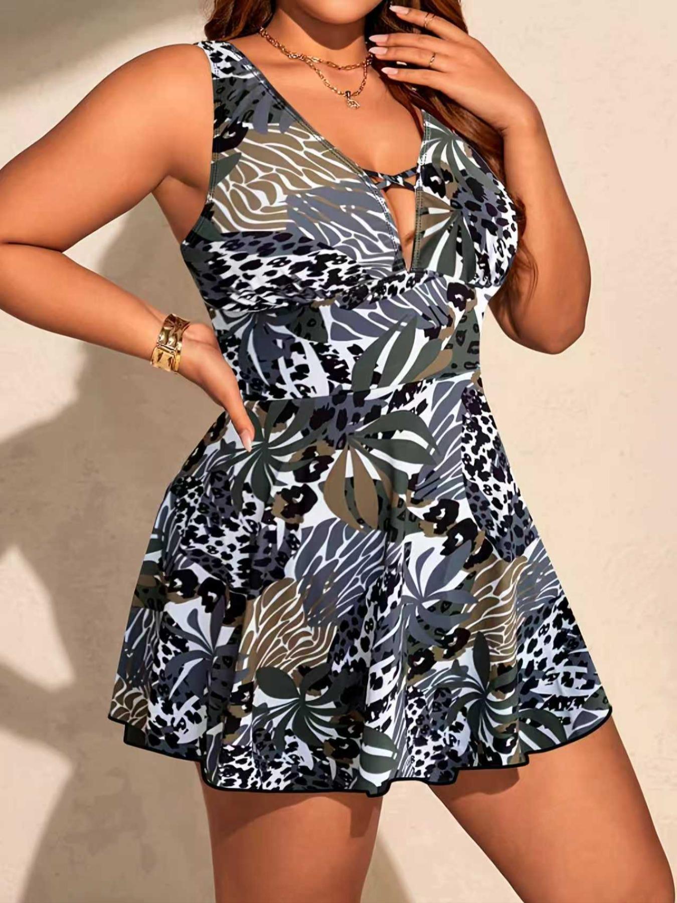Women's Plus Size Fashion Elegant Plant Print Slimming Backless Dress ...