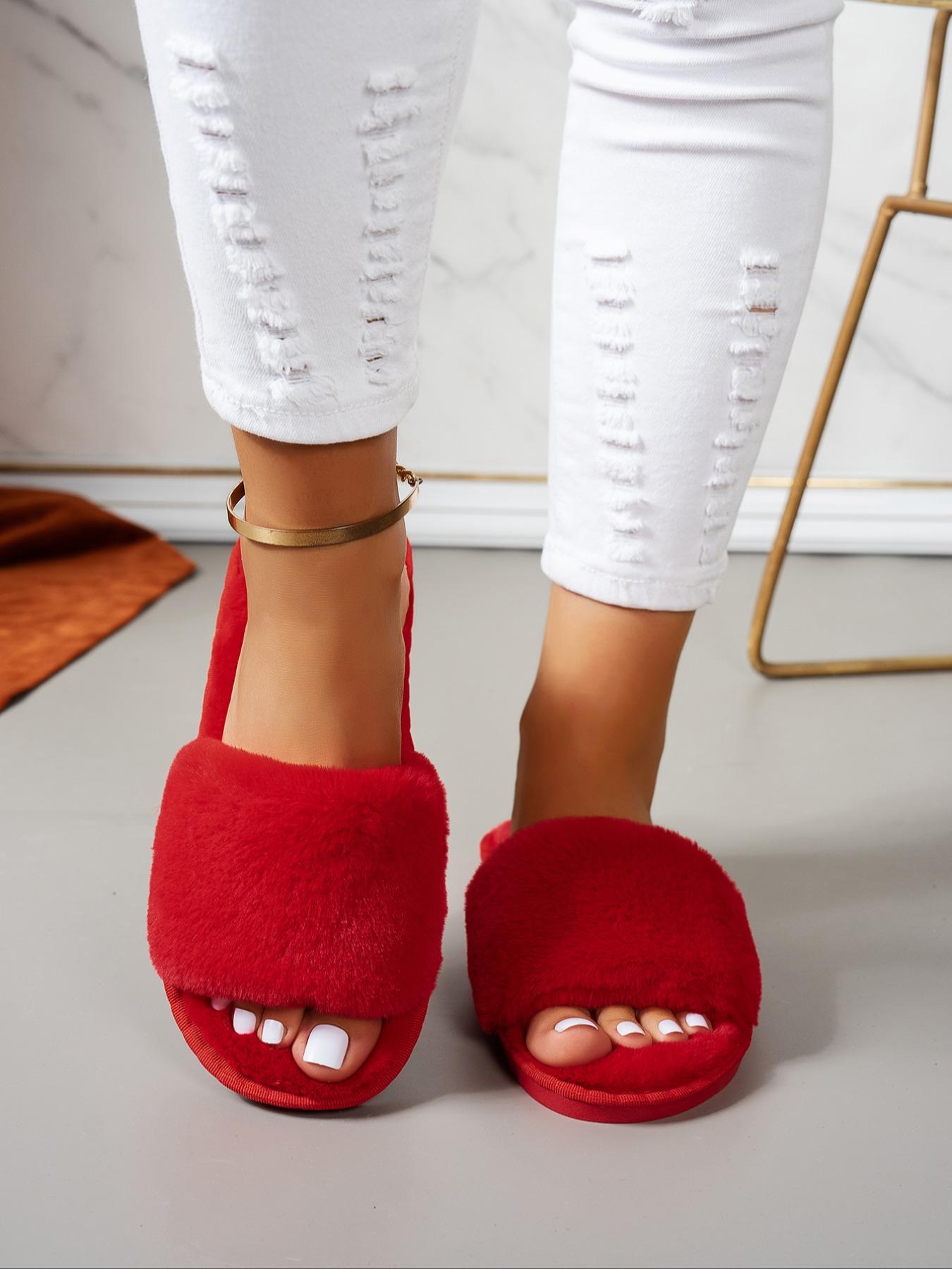 Multi-Color Plush Slippers, Warm Outer Wear Fuzzy Mules, Fall Winter ...