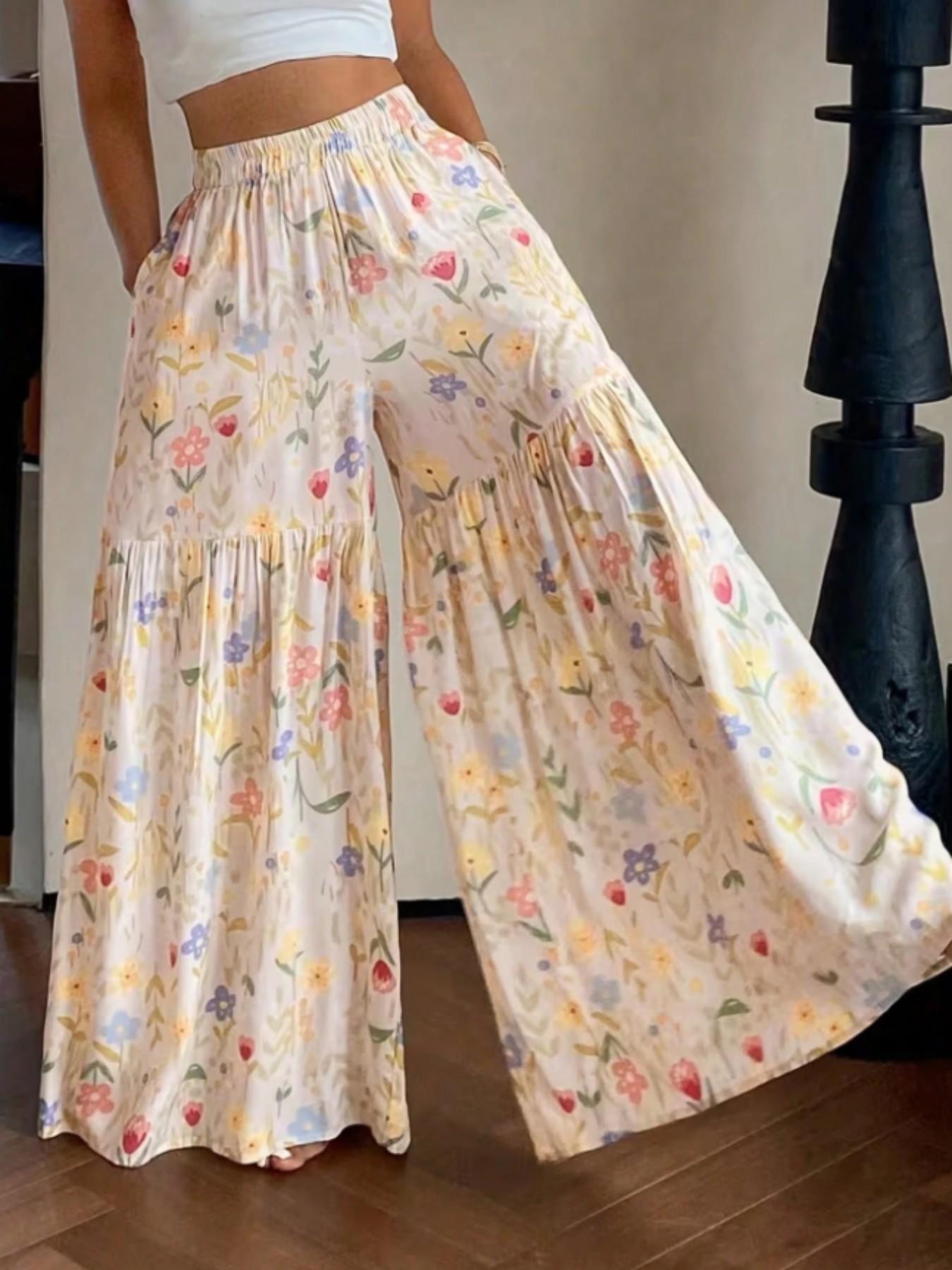 Women's Floral Wide Leg Pants, Loose Fit Flowy Long Trousers, Fashion ...