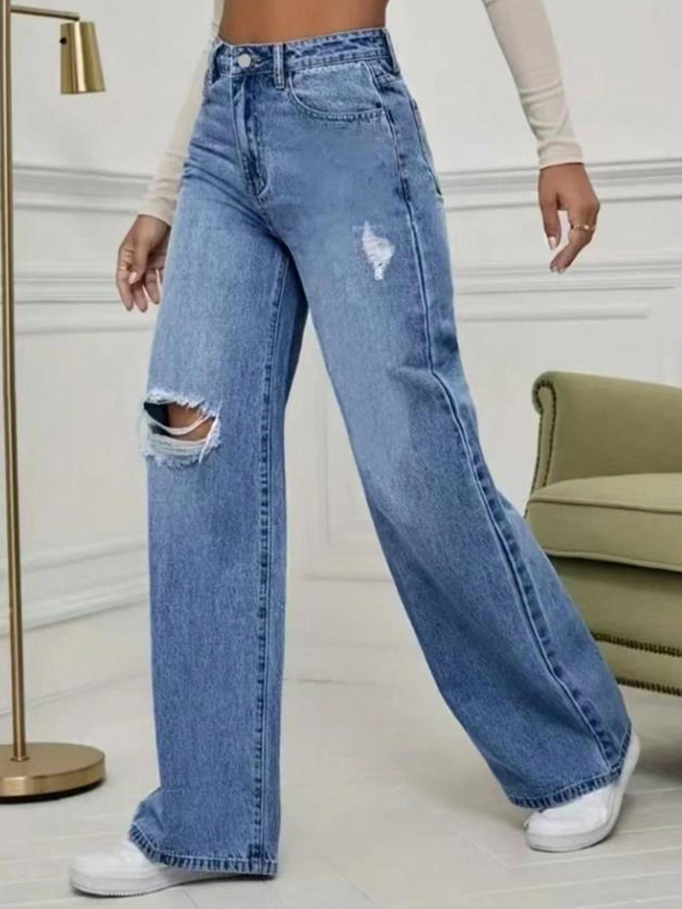 Women's Denim Long Pants, American Style Trendy Loose Fit Casual Blue ...
