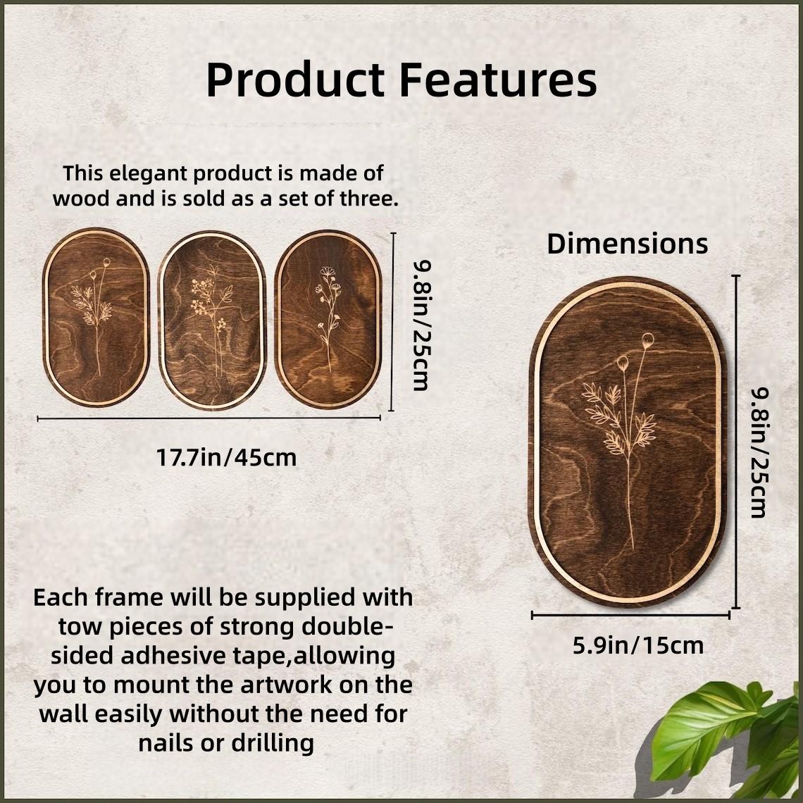 3-Piece Oval Floral Wooden Wall Art, Wood Framed, Vintage Deep Rustic ...