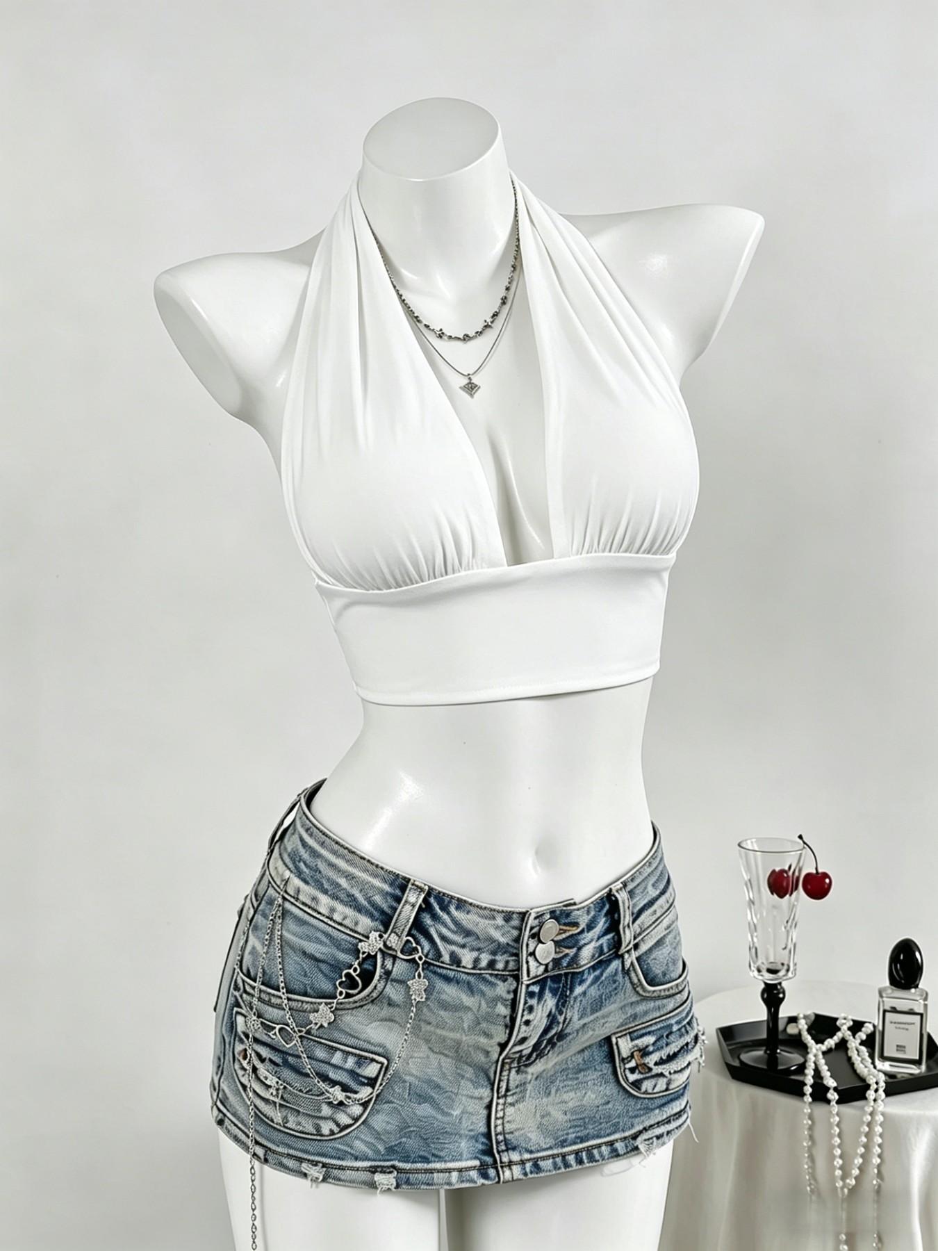 Two-Piece Halter Deep V Short Top, Sleeveless Backless Tie-Back Tank ...