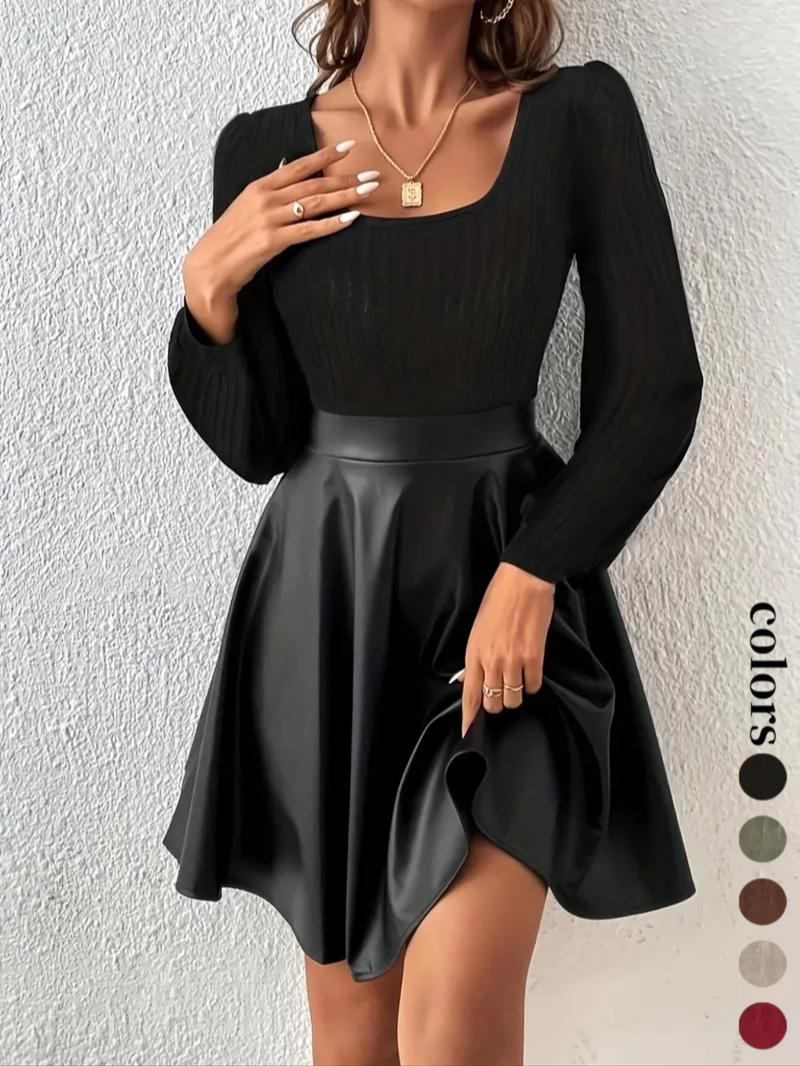 New European Style Casual Women's Patchwork A-Line Dress, Elegant Long ...