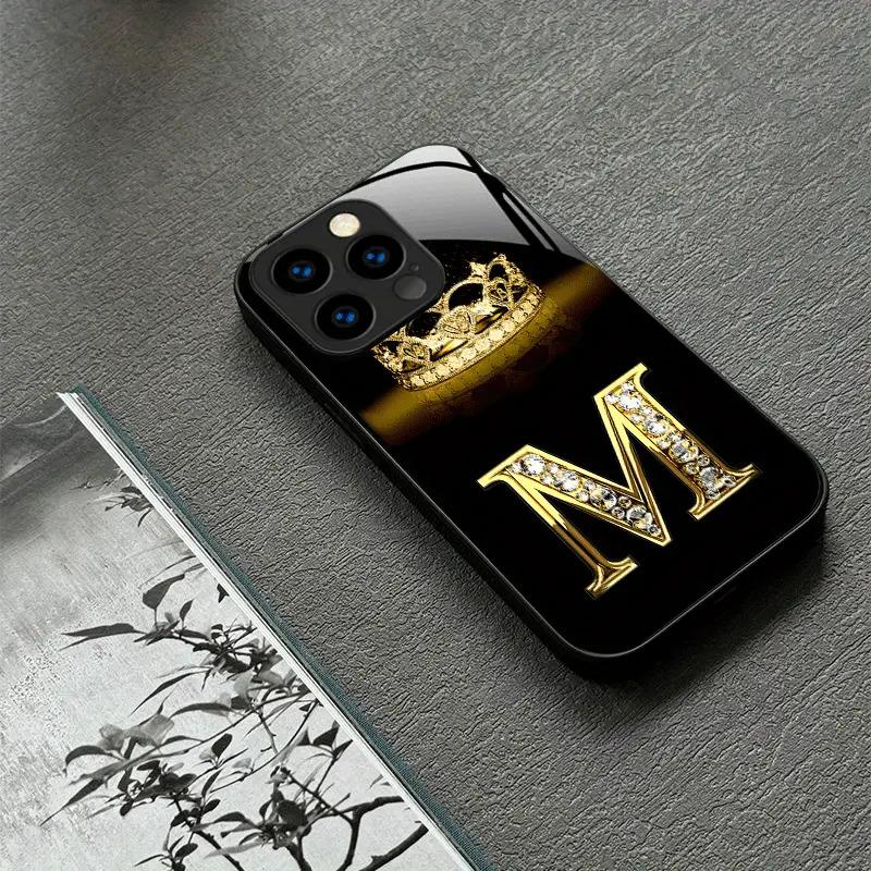 New Crown and Letter M Pattern Tempered Glass Black Phone Case for ...