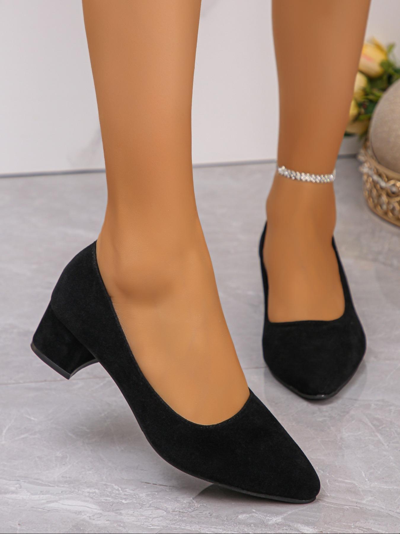 Women's Minimalist Pointed Toe Chunky Heel Suede High Heels - TikTok Shop