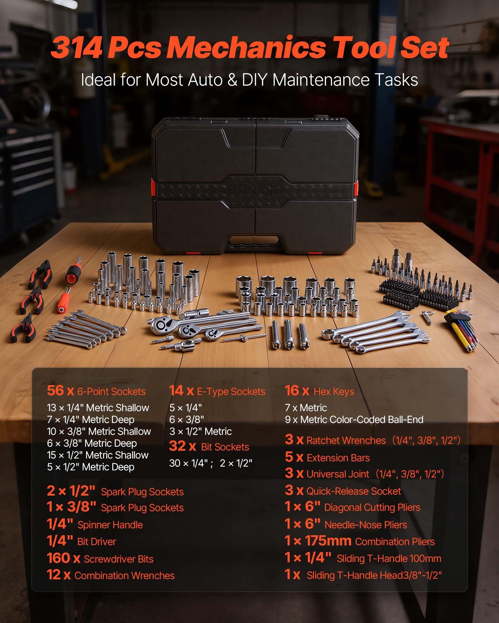 VEVOR Mechanics Tool Set, 314-Piece Mechanic Tool Kit, 1/4 in, 3/8 in ...