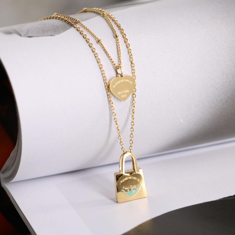 T's Blue Oil Dripping Lock Heart Double-Layer Necklace Female 18K Gold ...