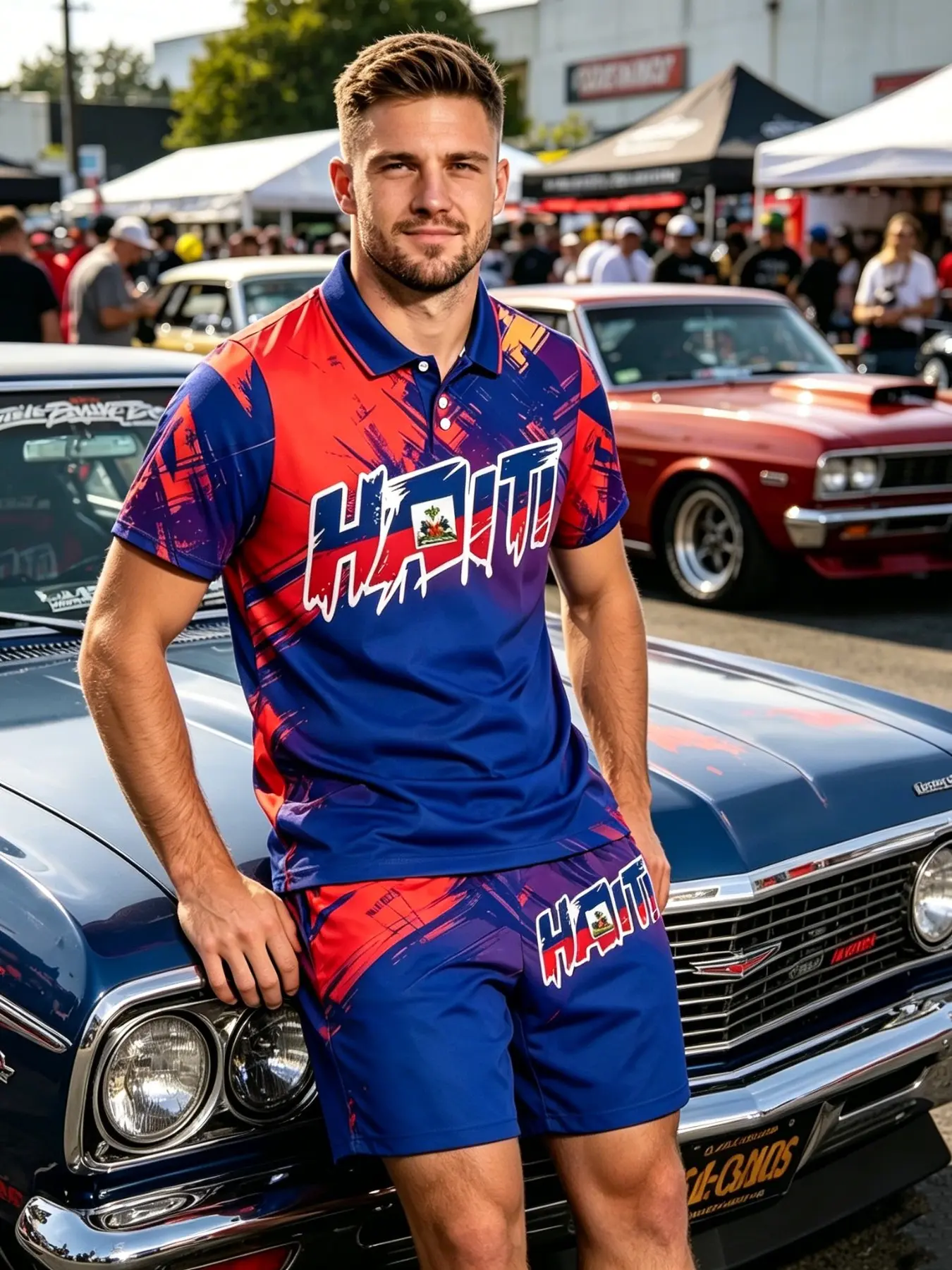 Haiti Flag Graffiti Print Men's Polo Shirt & Shorts Set, Summer ...
