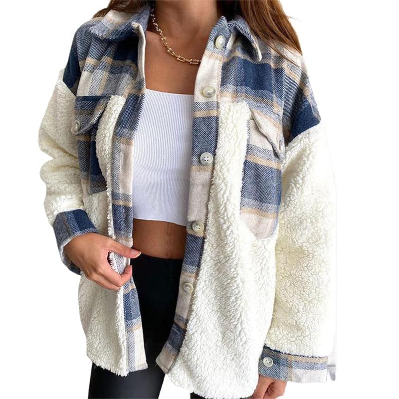 Women's Fuzzy Sherpa Fleece Spliced Leopard Print Plaid Shirt Jacket ...
