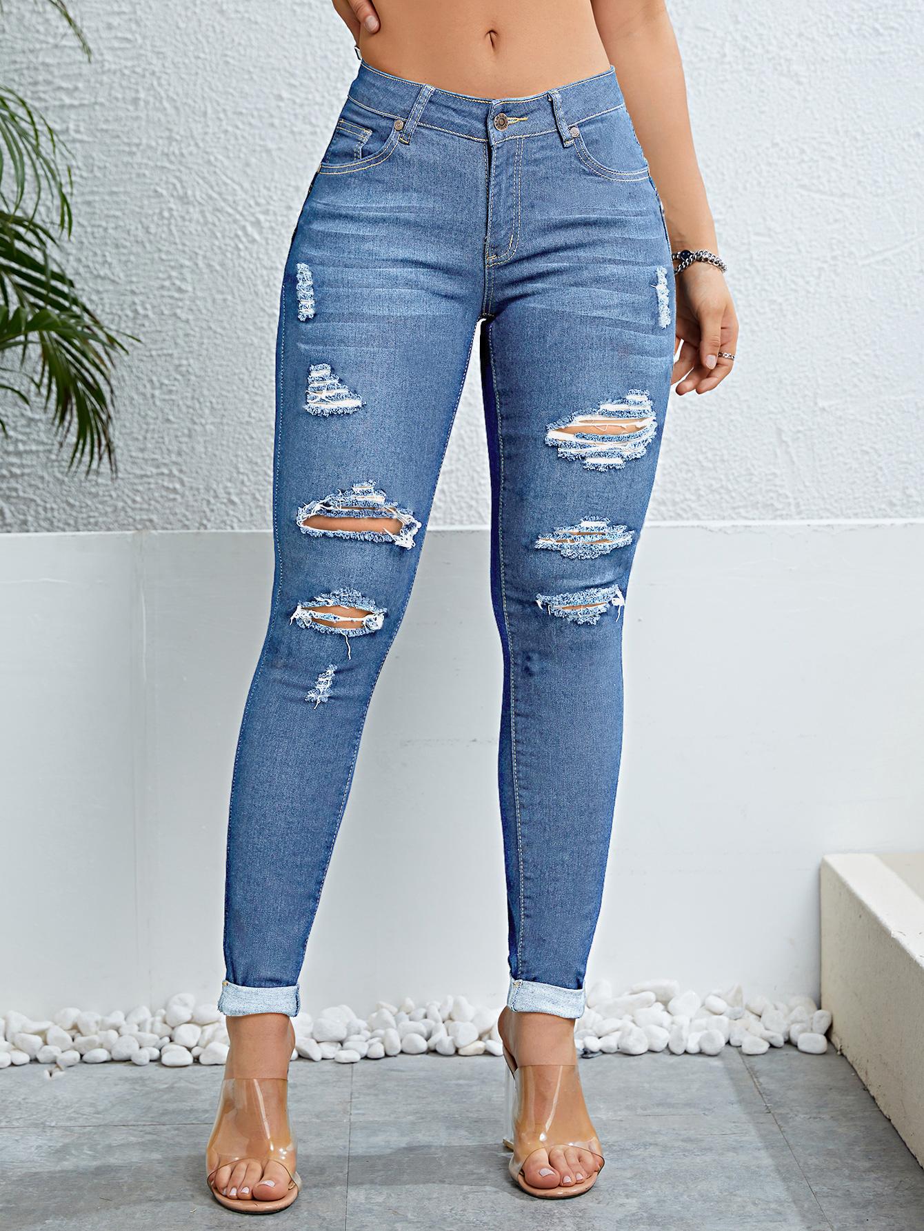 Women's Retro Ripped Skinny Jeans - High Rise Light Wash - TikTok Shop