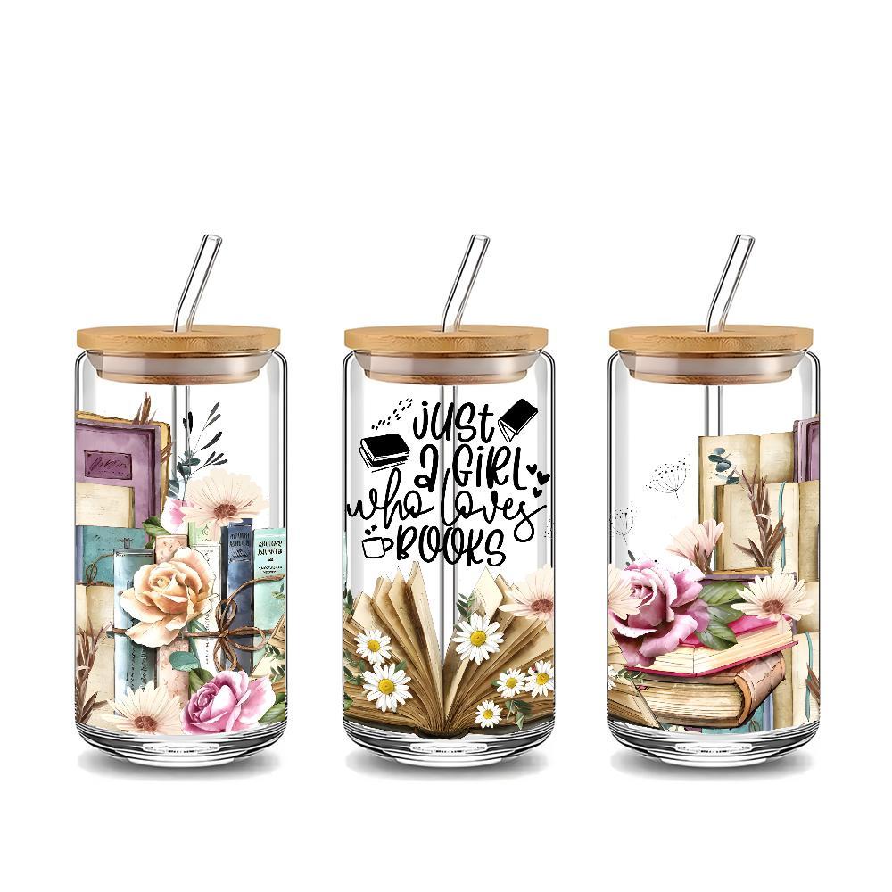 Floral & Book Pattern Glass Cup, 16oz Reusable Glass Cup with Bamboo ...