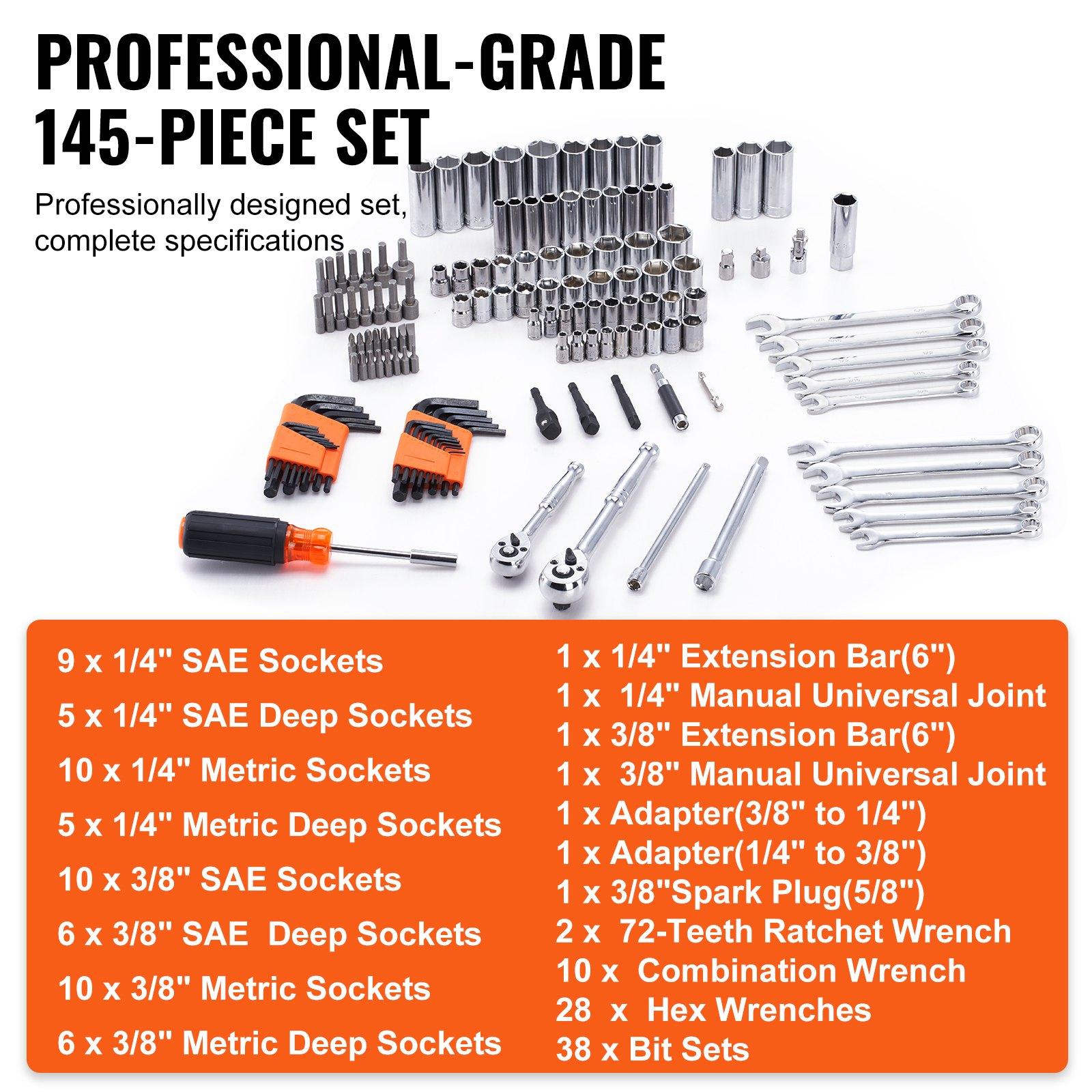 VEVOR Mechanics Tool Set and Socket Set, 1/4" and 3/8" Drive Deep and ...