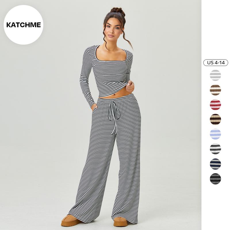 KatchMe Women's Versatile Square Neck Stripe Long Sleeve Crop Top & Low-Rise Wide Leg Trousers ...