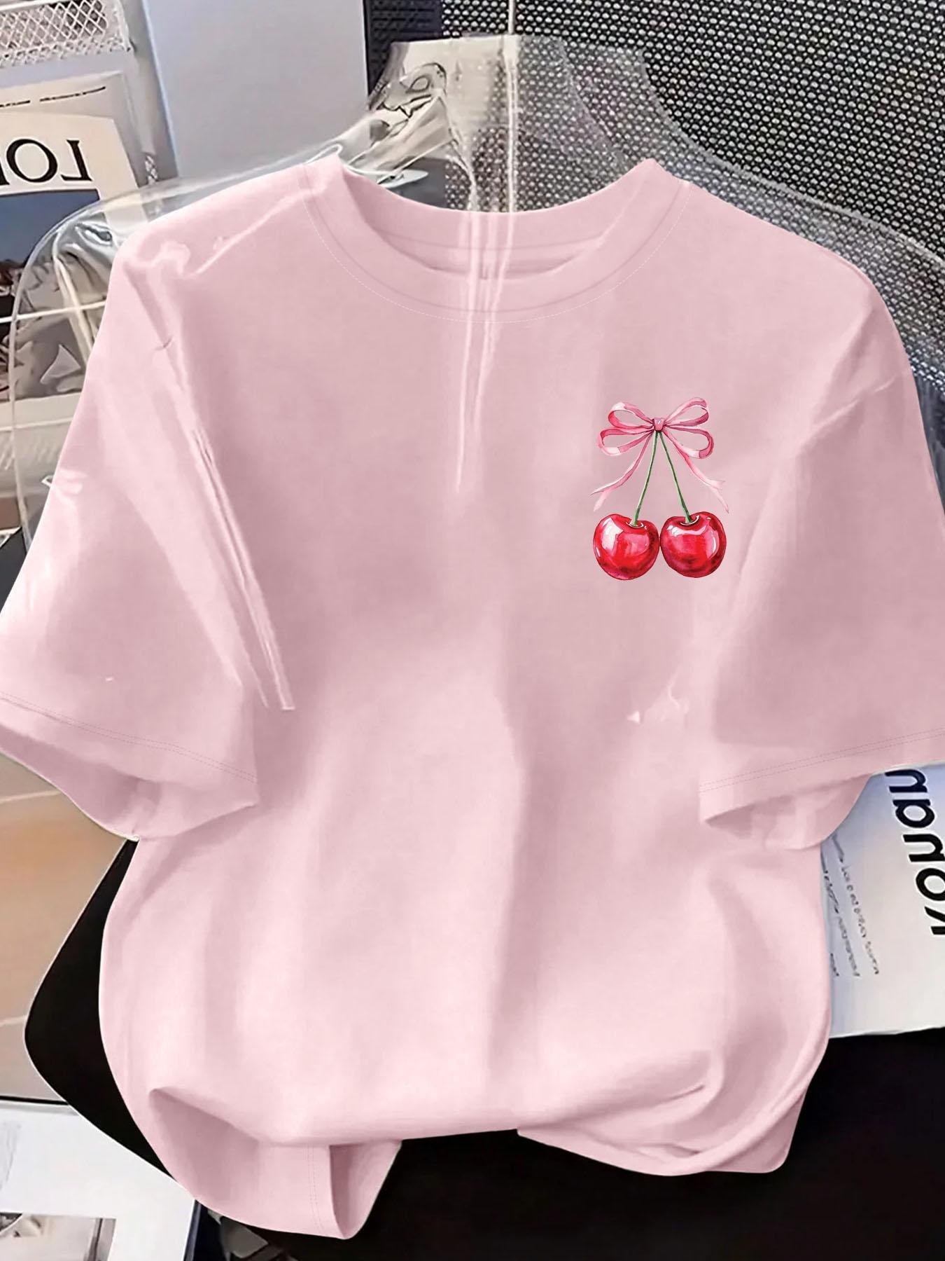 Women's Cherry Print Crew Neck Tee, Casual Short Sleeve T-shirt for ...
