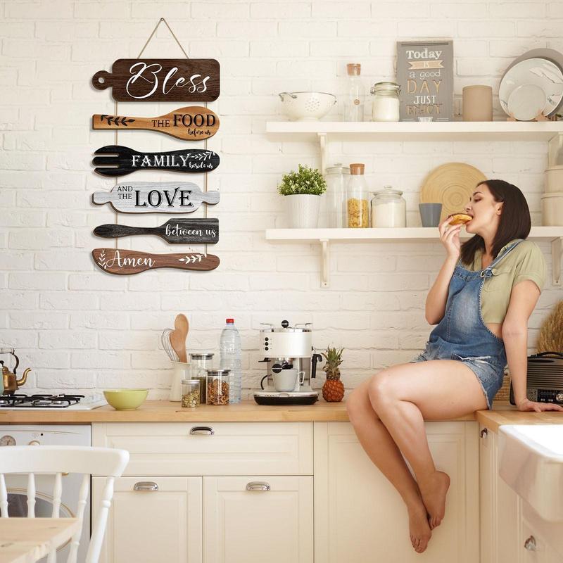 Wooden Kitchen Wall Decor Set, Alphabet & Utensil Patterns with Rope ...