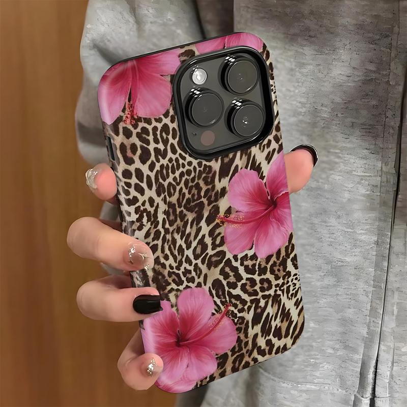 Leopard Floral Pattern Phone Case, Shockproof Rugged Cover Dual Layer ...