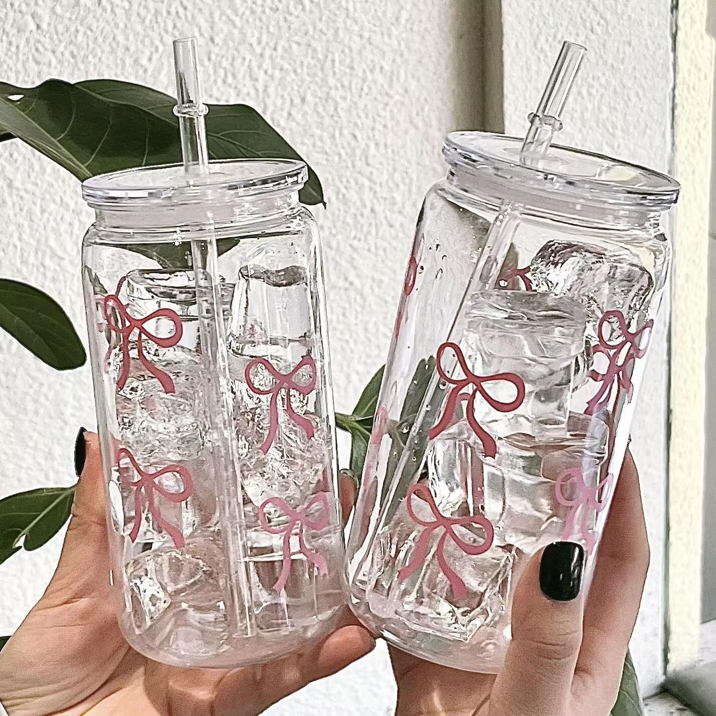 16oz Pink Bow Plastic Cup With Lid And Straw Retro Drinking Ware ...