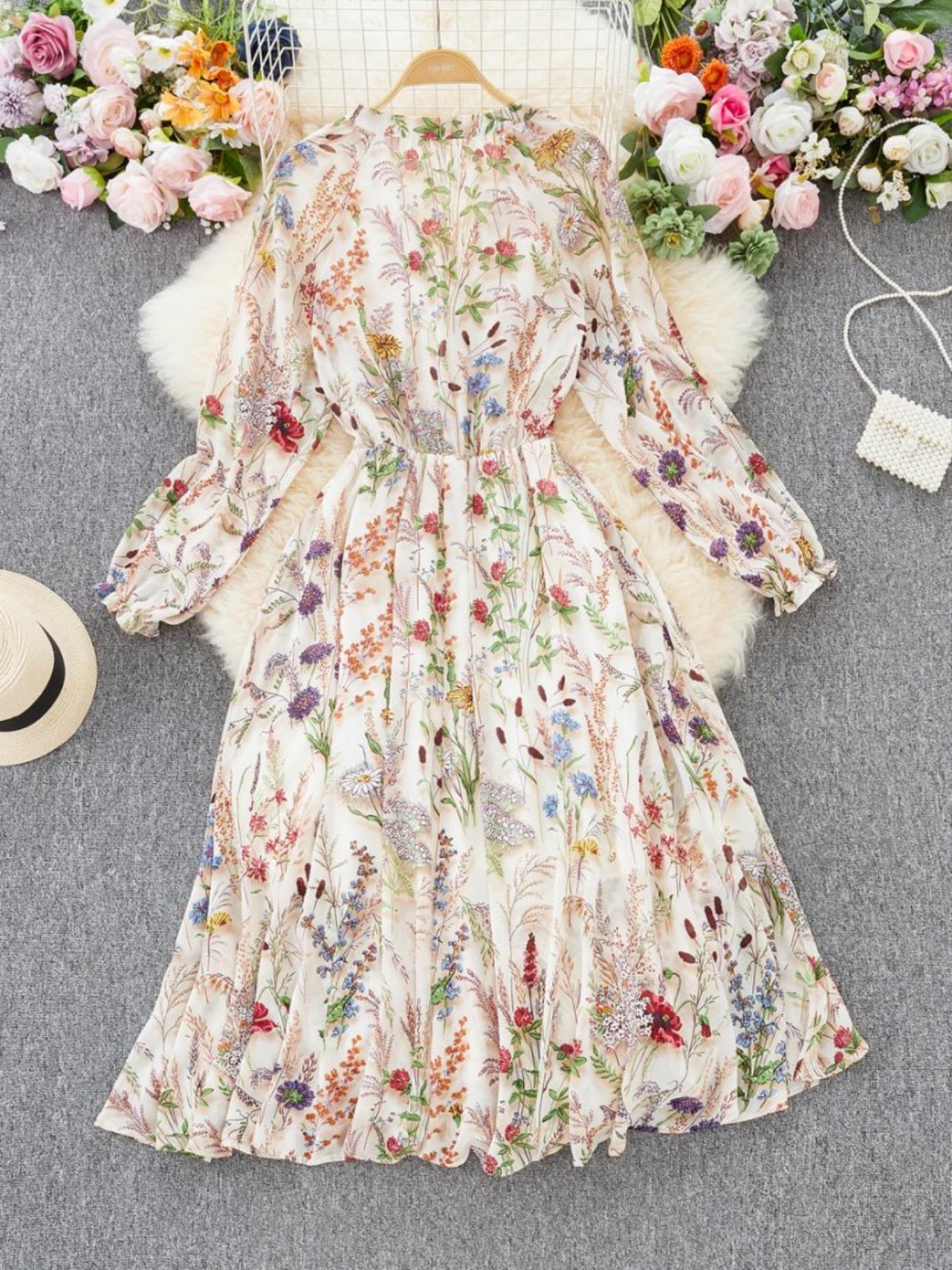 Elegant French Style Long Sleeve Floral Print Dress for Women, Spring ...