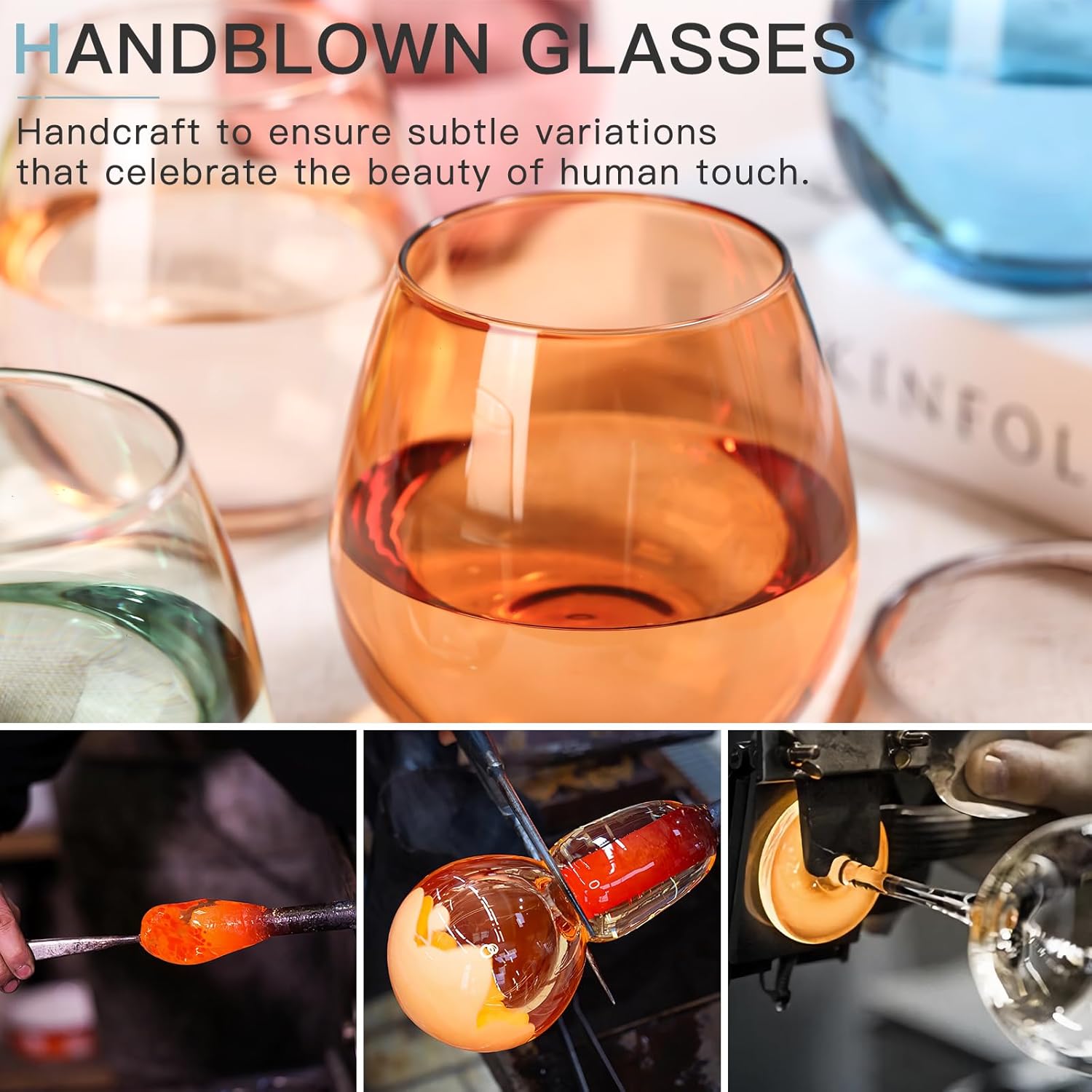 Colored Stemless Glasses Set of 6-15 oz -Modern Hand-Blown Glasses ...