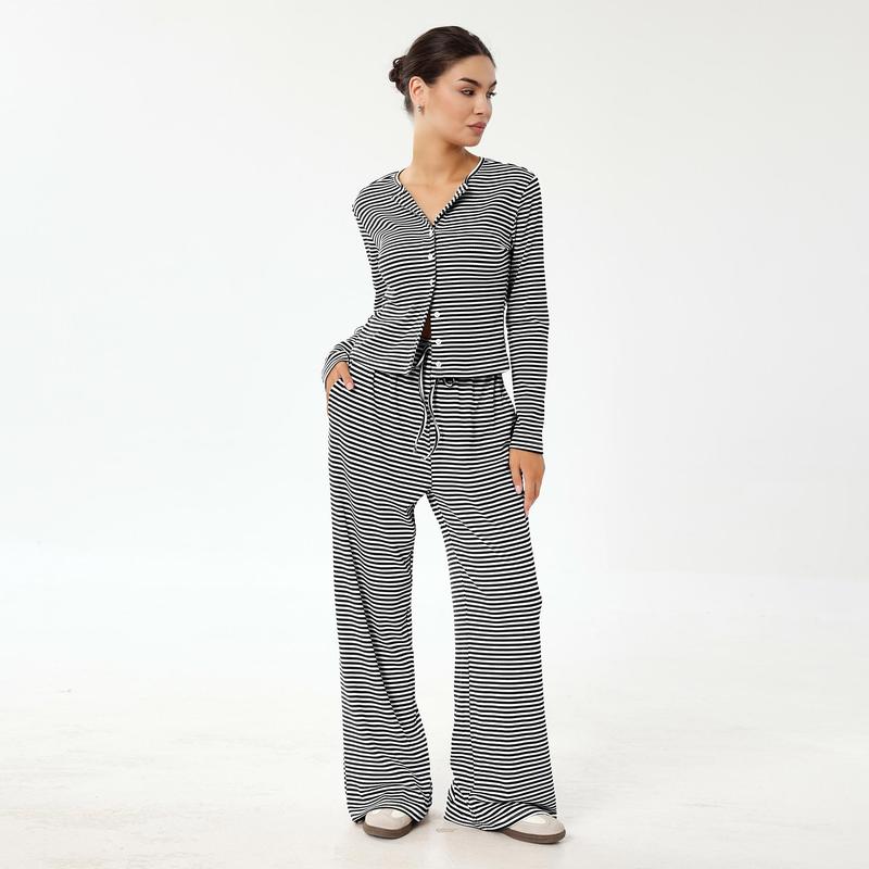 KatchMe Women's Casual Stripe Button Long Sleeve Top & Drawstring Waist Wide Leg Trousers Co-ord ...