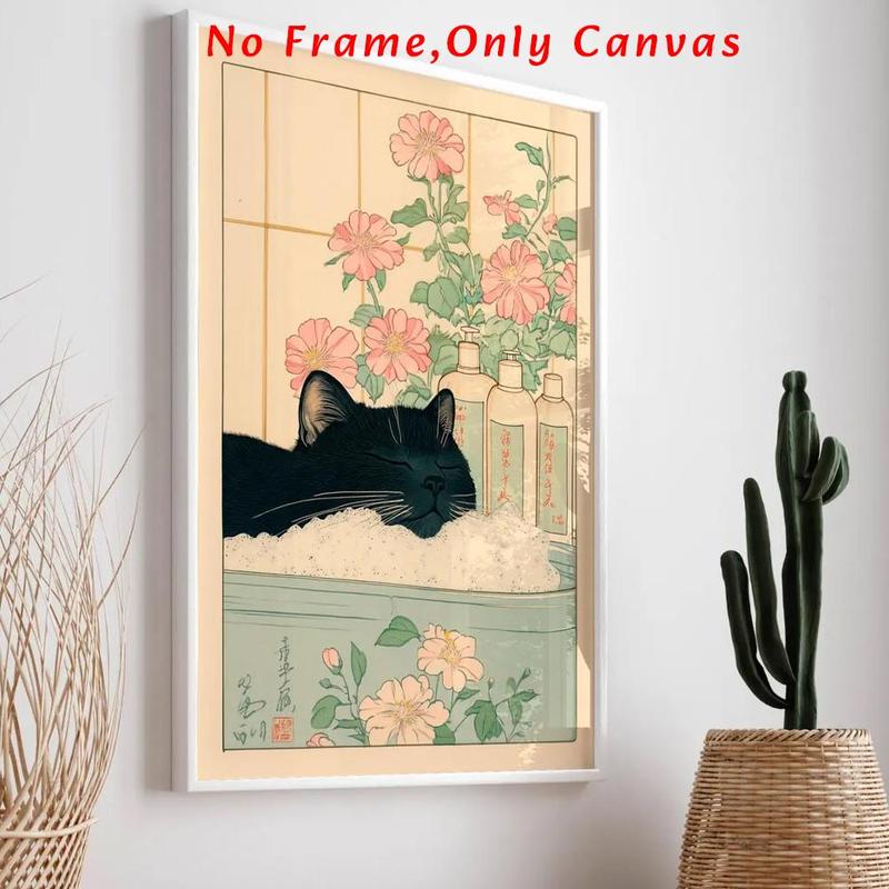 Black Cat Bathing in Bathtub Pattern Unframed Painting, Japanese Style ...