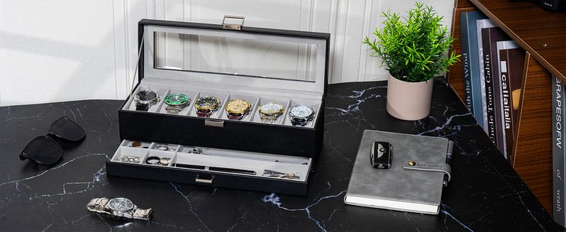 Watch Box, 6 Slot Watches Display Case with Drawer, Mens Watch Case ...
