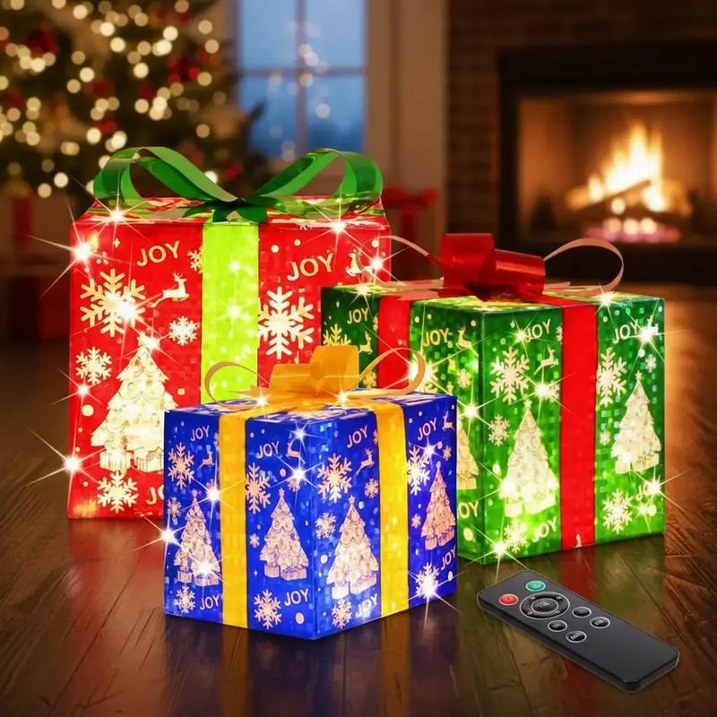 3 Piece Glowing Christmas Gift Box Set, 8 Modes Remote Control ...