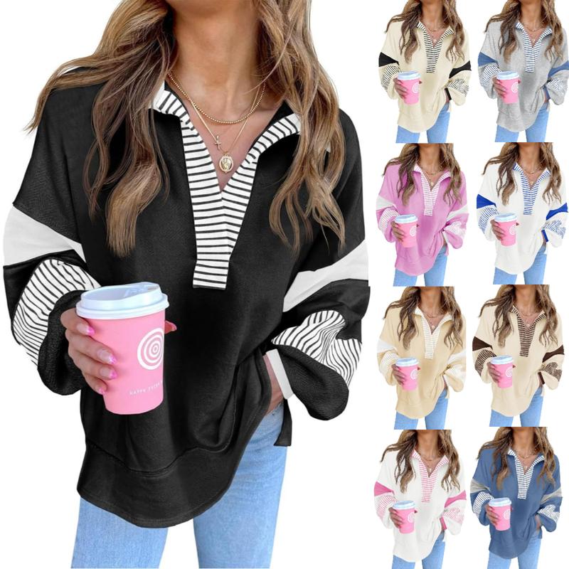 Womens Color Block Oversized Sweatshirt V Neck Long Sleeve Casual Loose ...