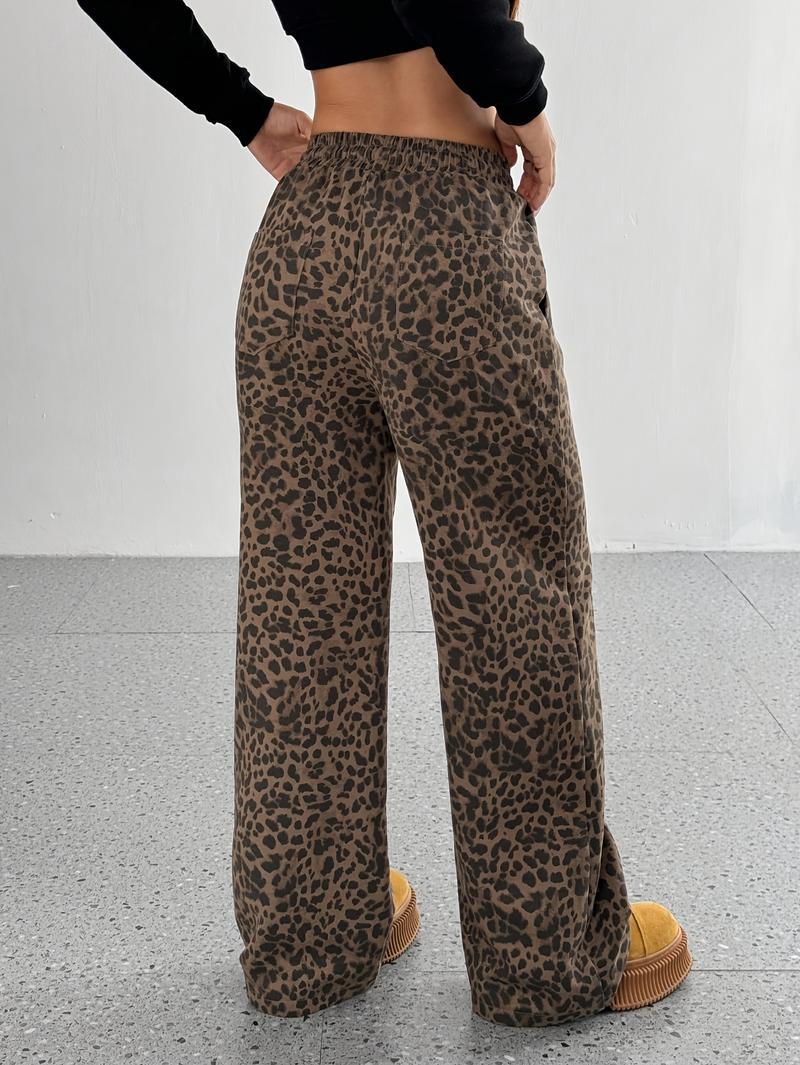 Chic Leopard Print Drawstring Straight-Leg Pants for Women - Casual ...