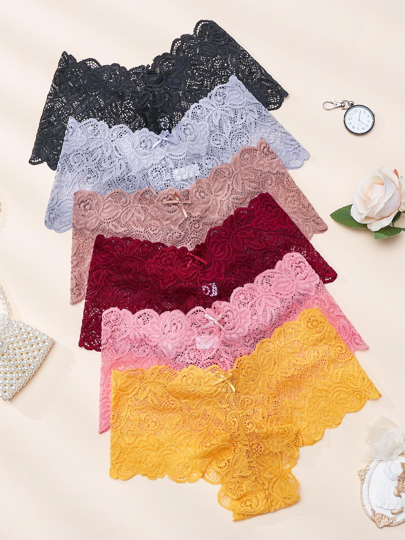 6 Pcs Women's Bow Decor Scallop Trim Lace Panty, Lace Trim Briefs, Soft ...