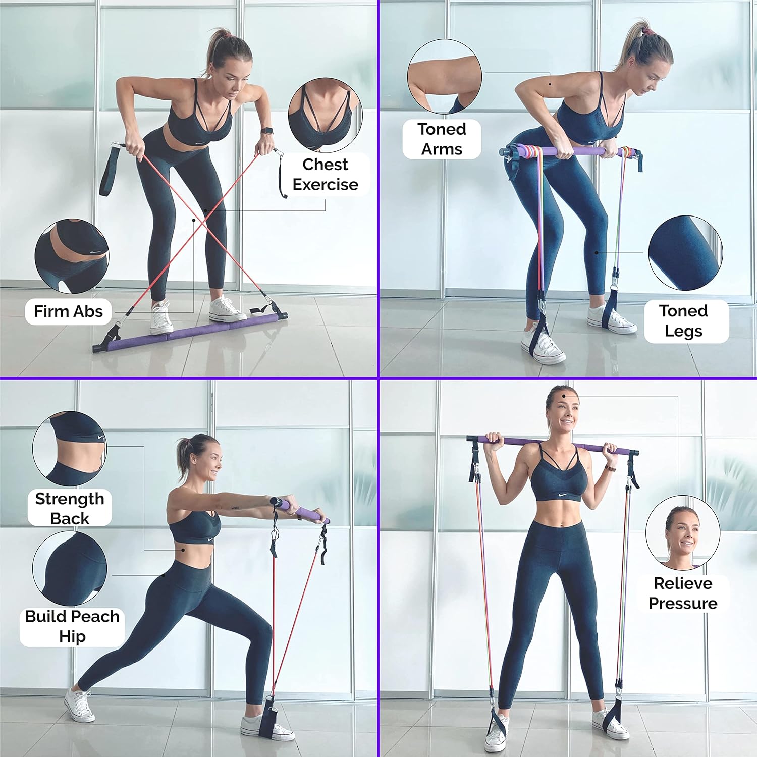 Portable Pilates Bar Kit with Resistance Bands (20, 30, 40, 50 LB) - 8 ...