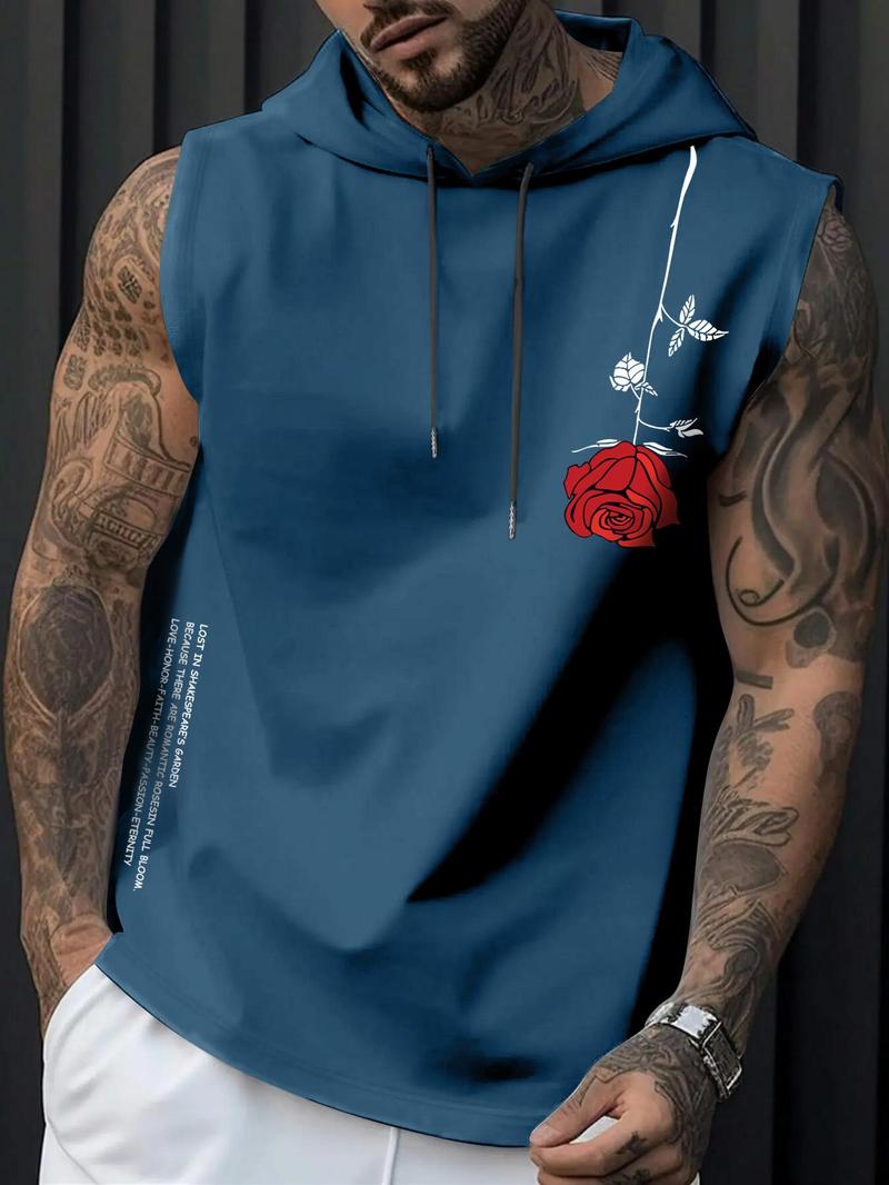 Men's Regular Fit Cartoon Rose Print Hooded Tank Top, Casual Sleeveless ...