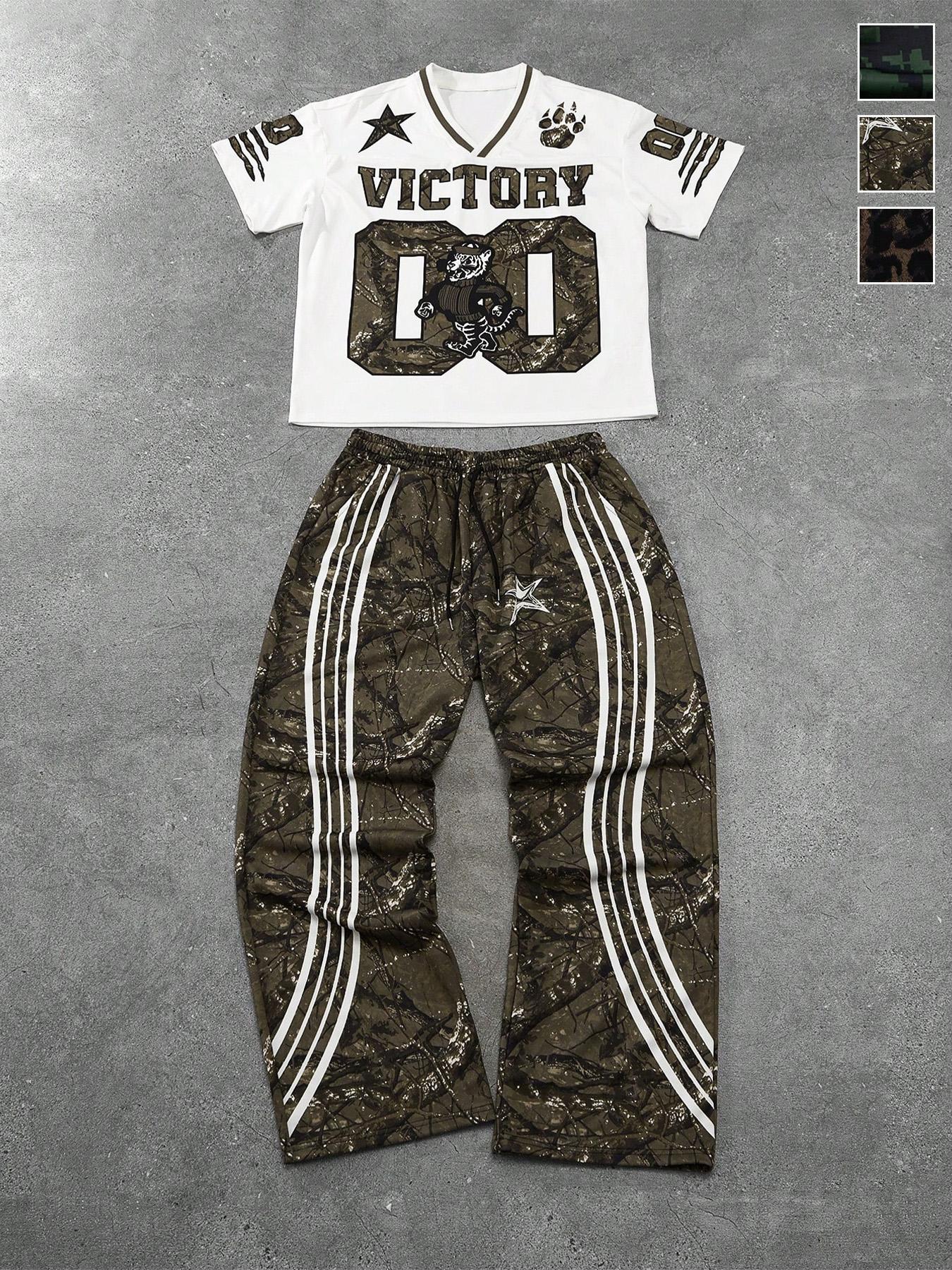 Two-Piece Set Men's Letter Graphic Print Tee & Camouflage Print Pants ...
