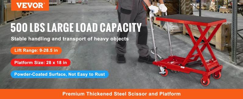VEVOR Hydraulic Lift Table Cart, 500lbs Capacity 28.5" Lifting Height ...