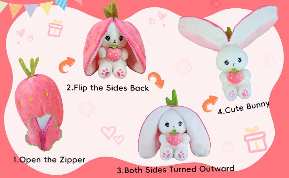 Bunny Stuffed Animal Reversible Cuddle Bunny Stuffed Pillow,Strawberry ...