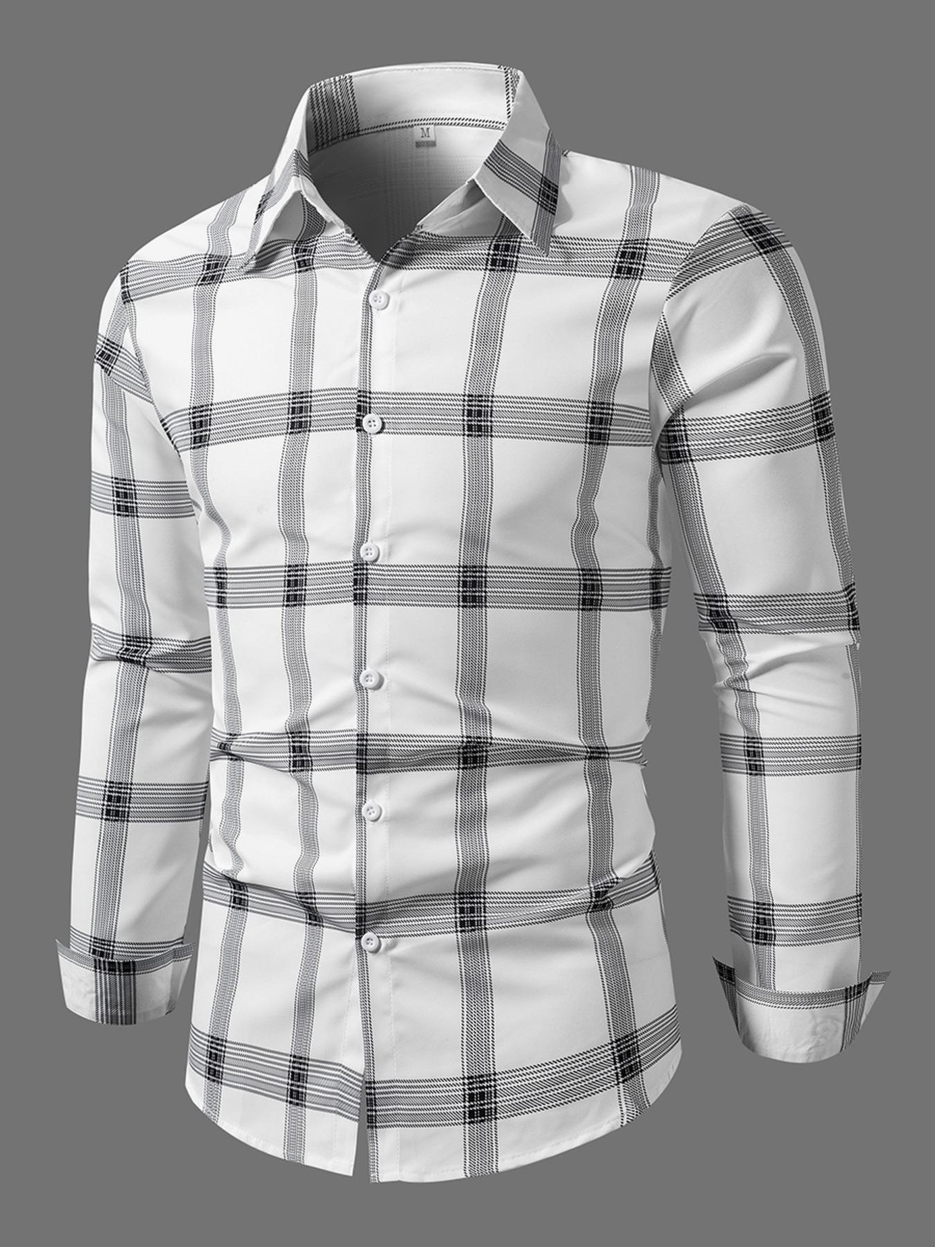 Men's Plaid Print Button Front Button Up Shirt, Casual Regular Fit Long ...