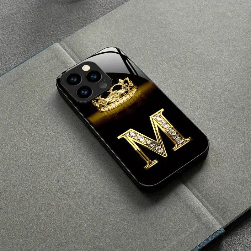 New Crown and Letter M Pattern Tempered Glass Black Phone Case for ...