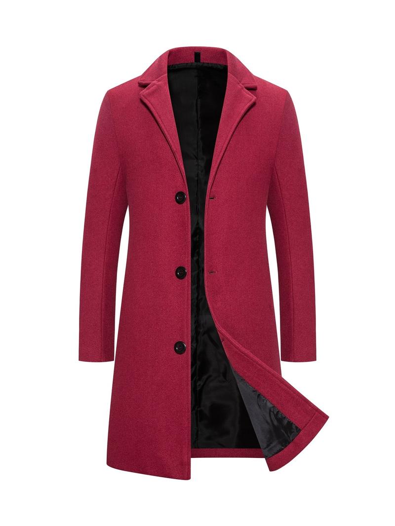 Men's Solid Button Front Lapel Neck Midi Coat, Regular Fit Casual Long ...