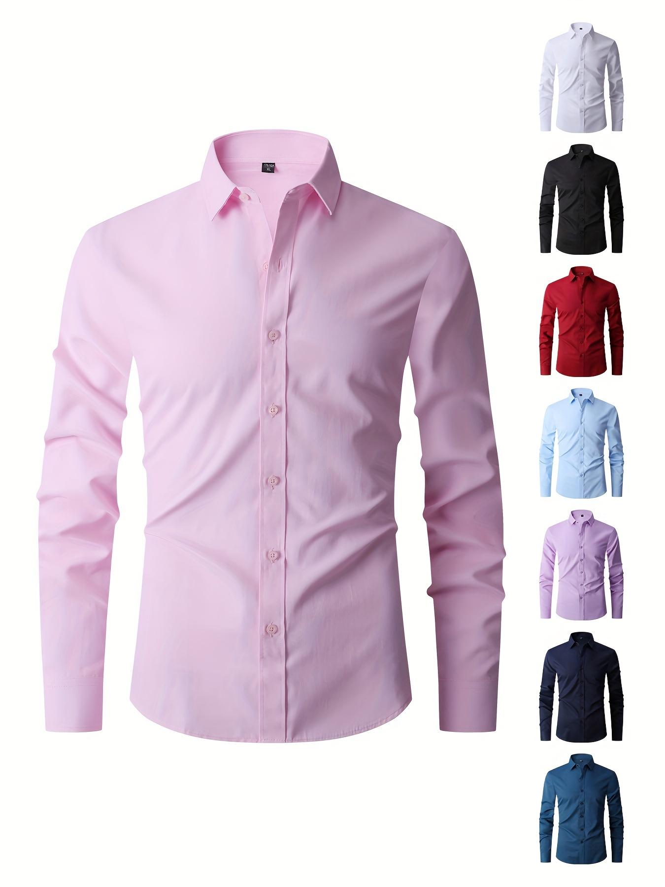 Solid Color Men's Business Slim Fit Long Sleeve Button Up Shirt, Spring ...