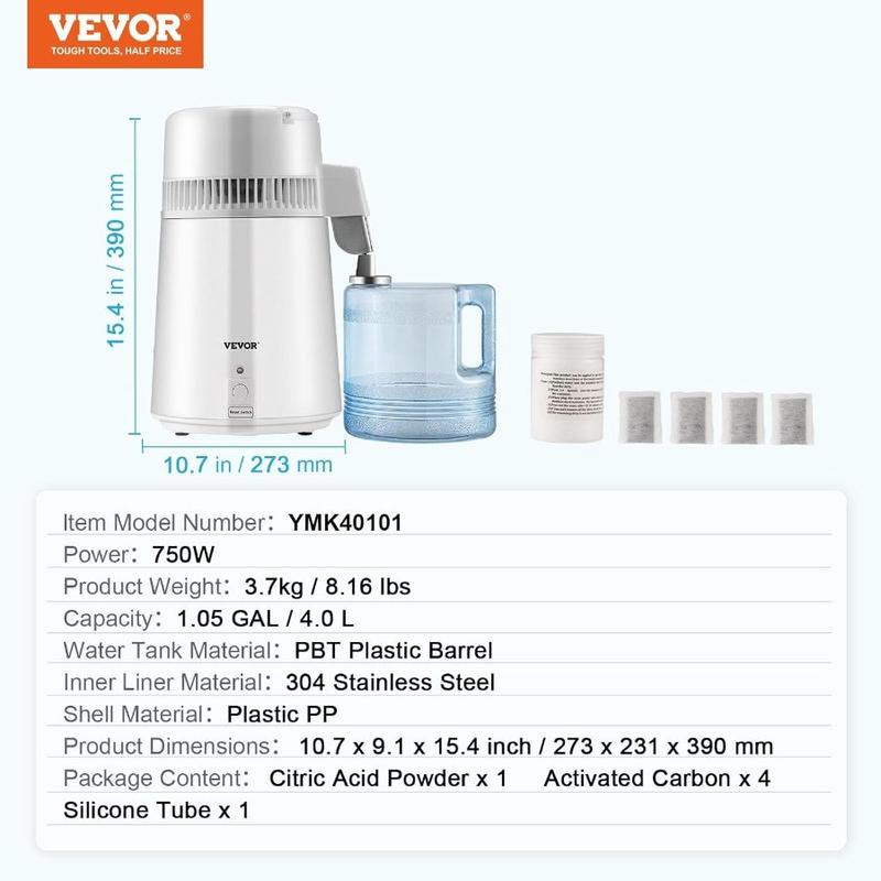 VEVOR Water Distiller, 1.1 Gal Distilled Water Machine, 750W Pure Water ...