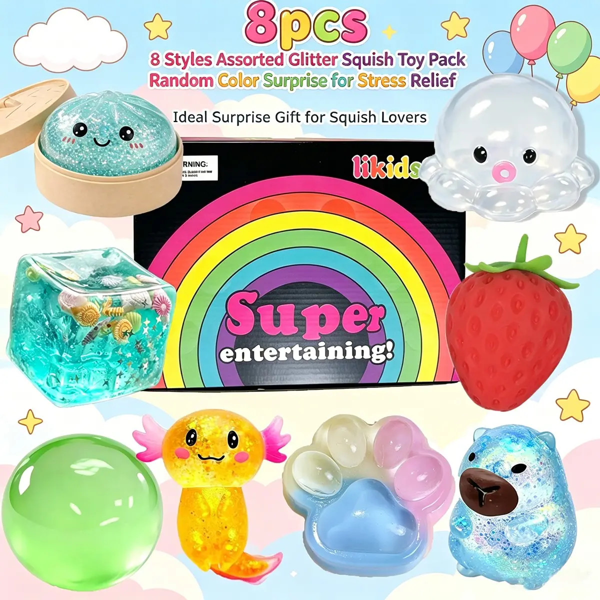 New Design Assorted Glitter Squeeze Toy 8 Styles Pack, Soft Texture ...