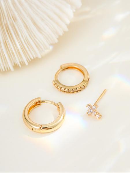 3pcs Earrings Including Plain Hoop, Half-Studded Zirconia Stud, Mini ...