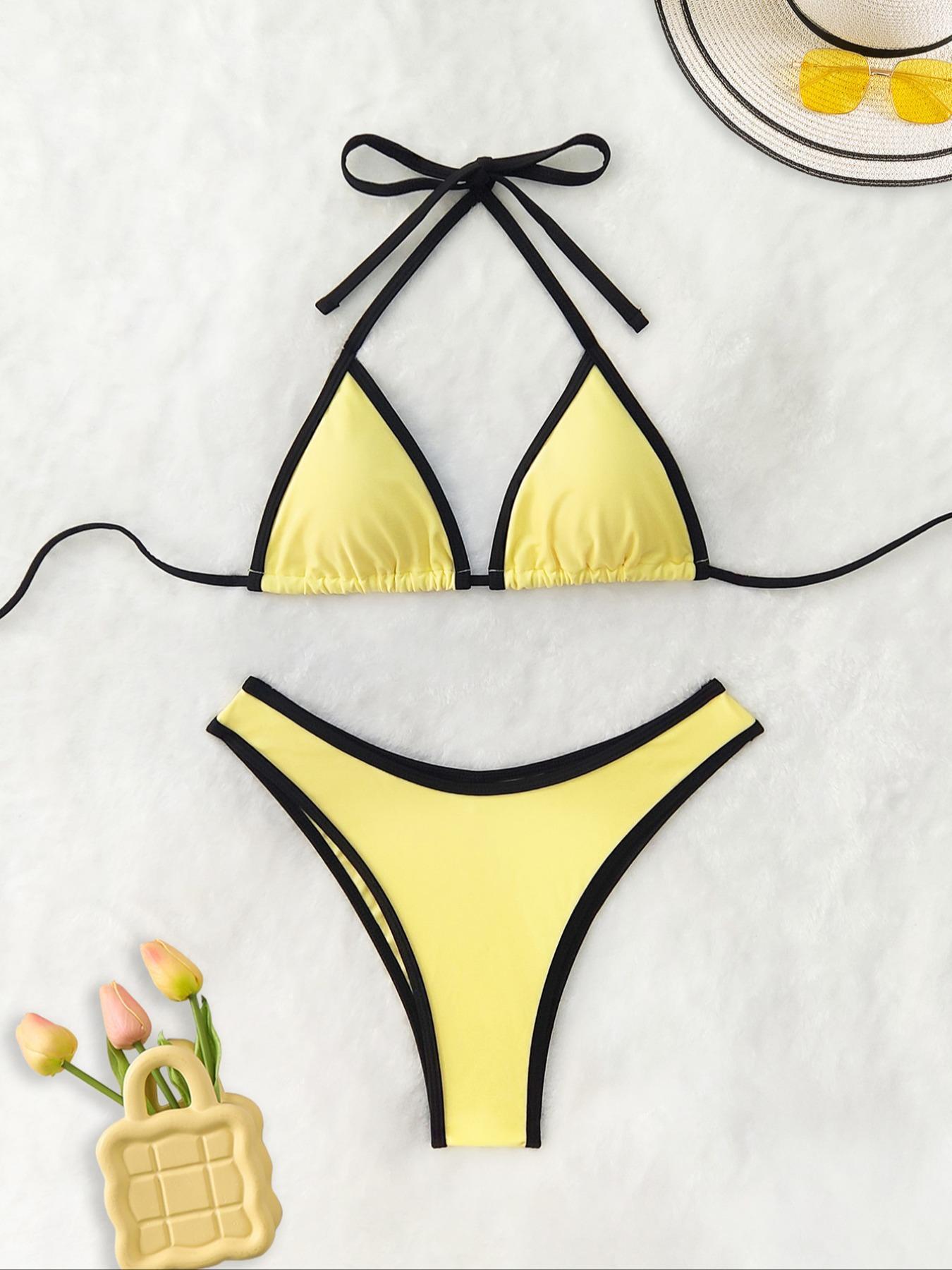 Women's Contrast Binding Bikini Set - Halter Neck Swimwear - TikTok Shop
