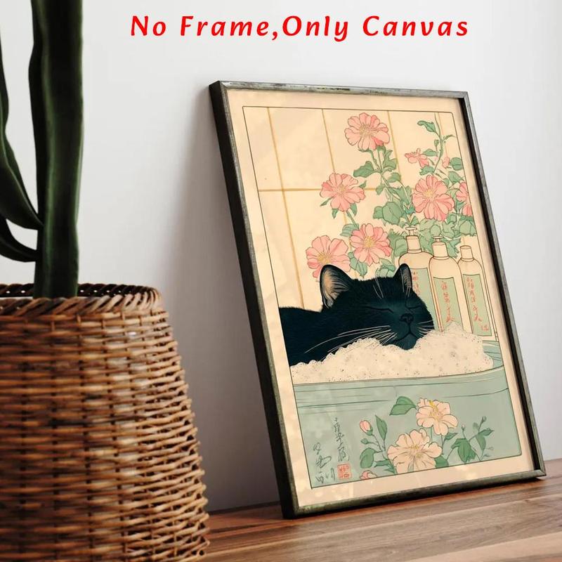 Black Cat Bathing in Bathtub Pattern Unframed Painting, Japanese Style ...